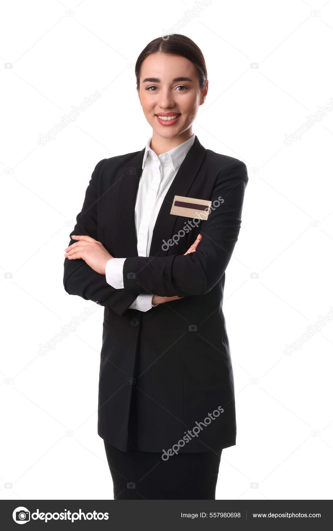 Portrait Happy Young Receptionist Uniform White Background — Stock ...