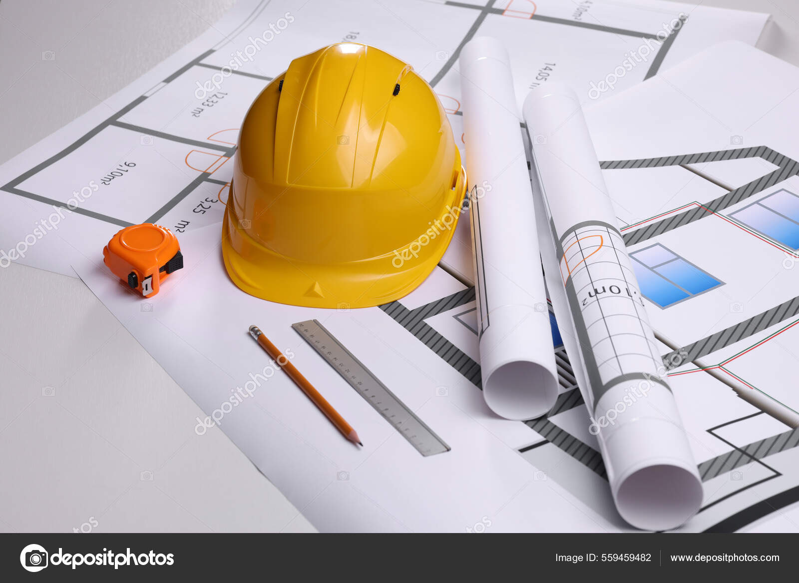 Construction Drawings Safety Hat Tape Measure Pencil Ruler White ...
