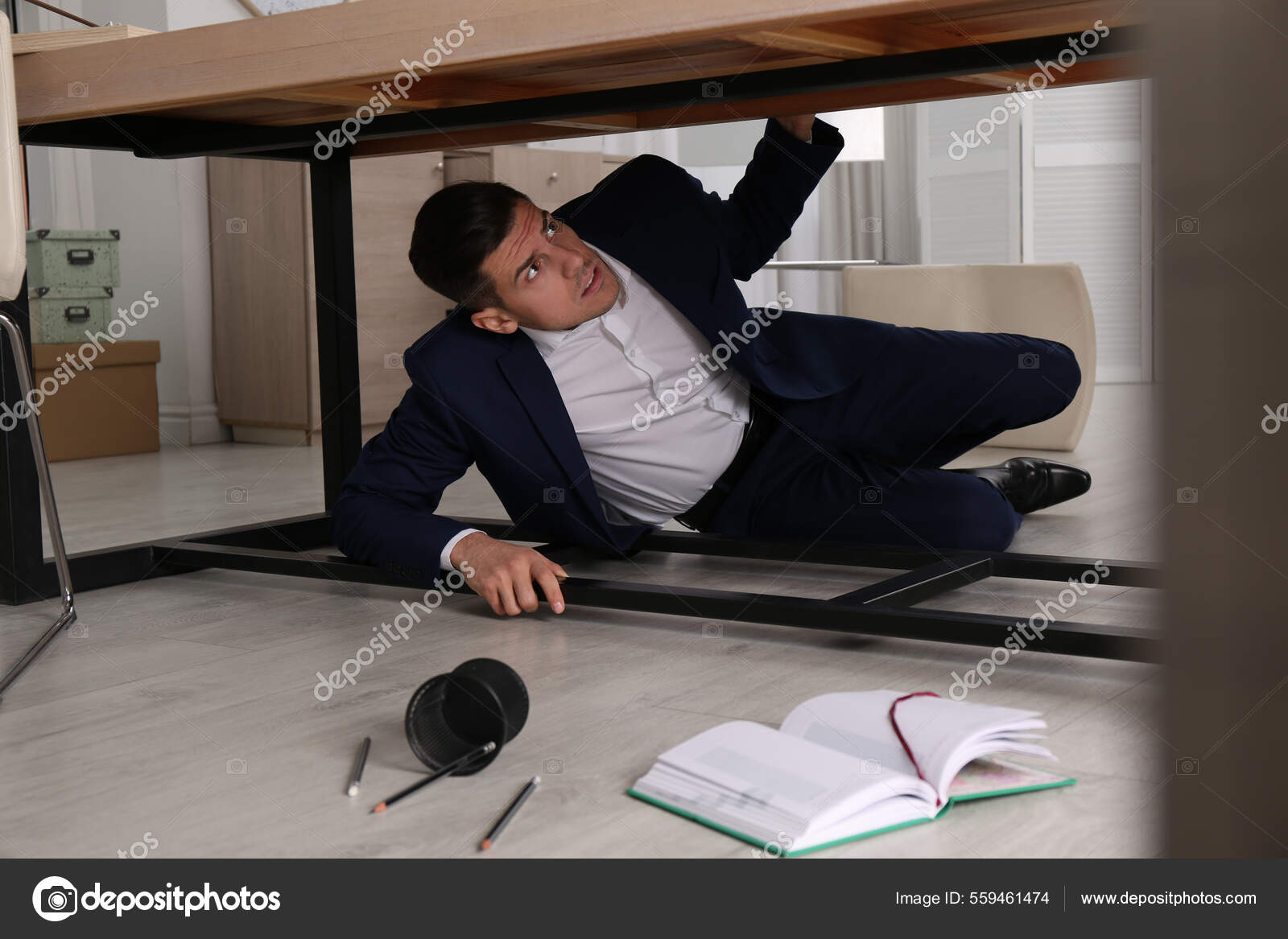 Hiding Under Desk Office Worker