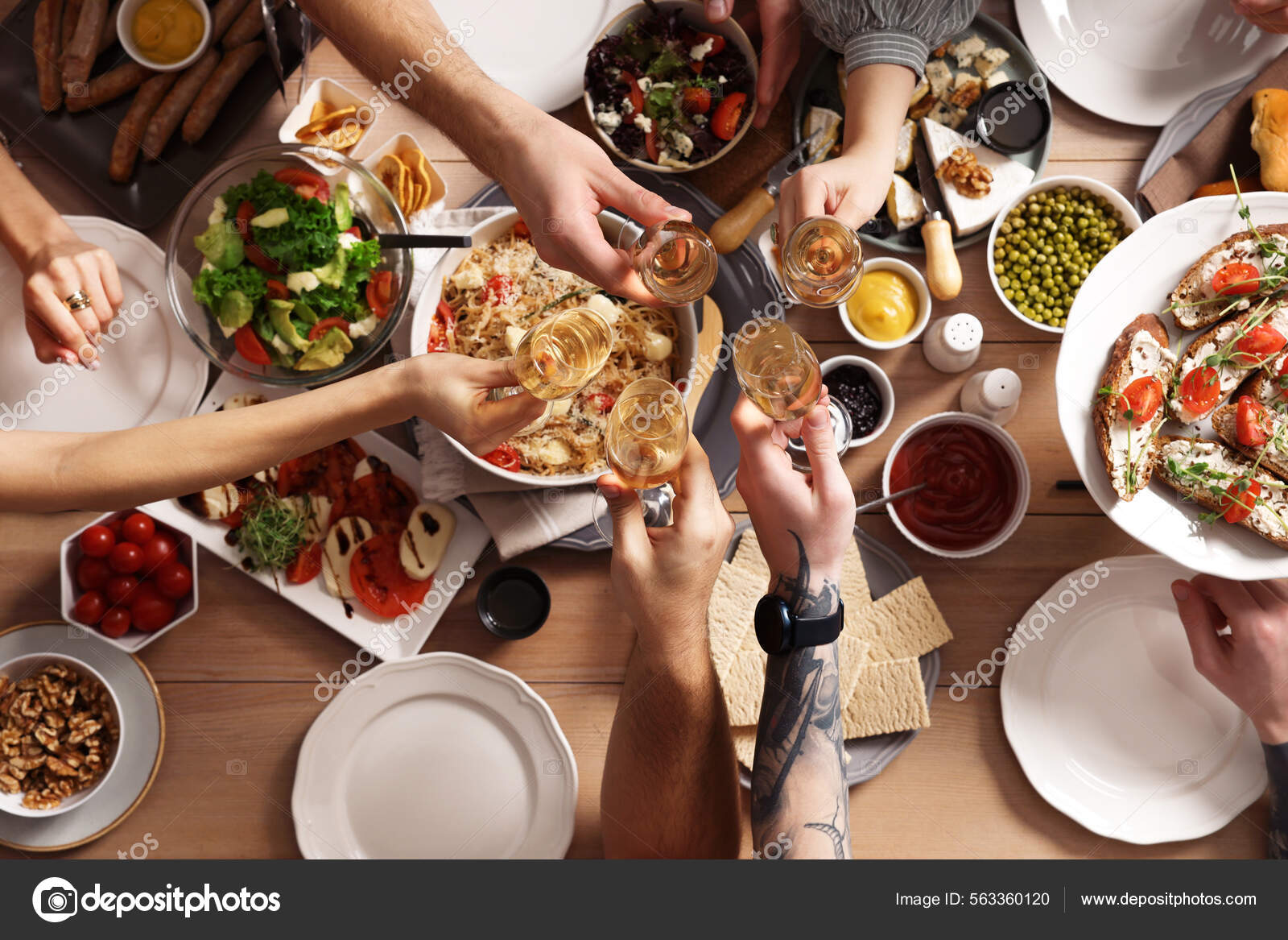 Group People Having Brunch Together Table Top View — Stock Photo ...