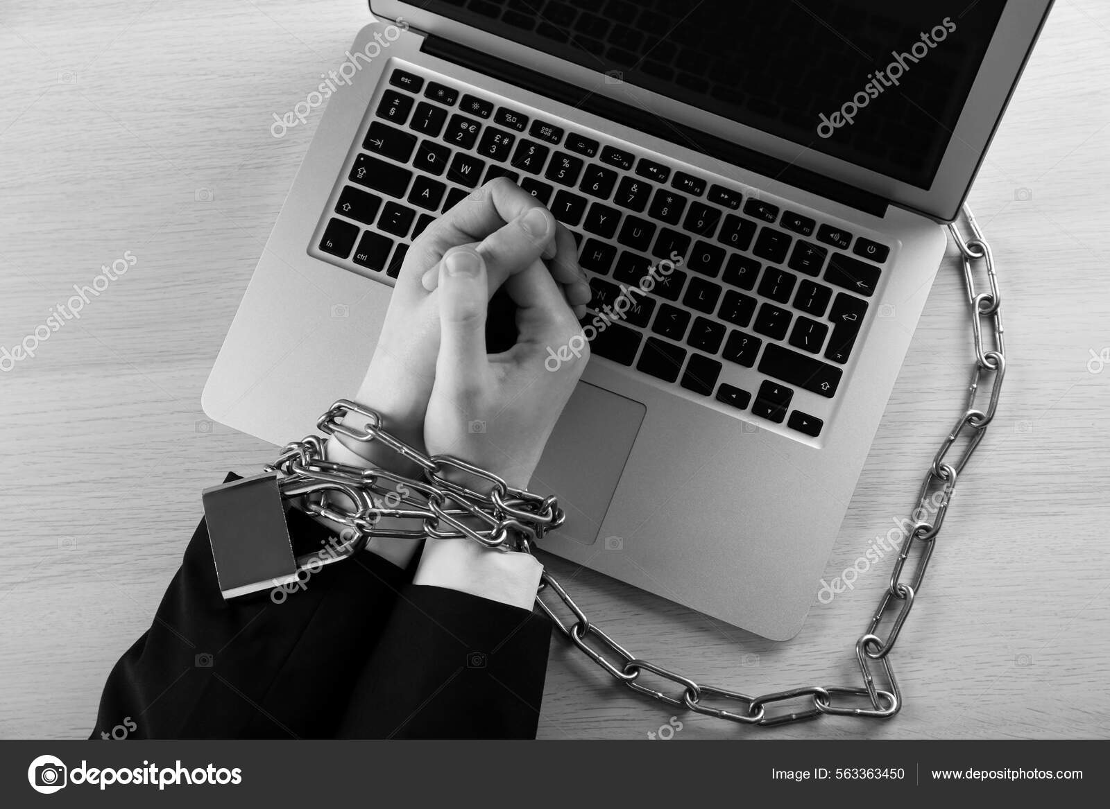 Top View Woman Chained Hands Laptop Wooden Table Black White Stock ...