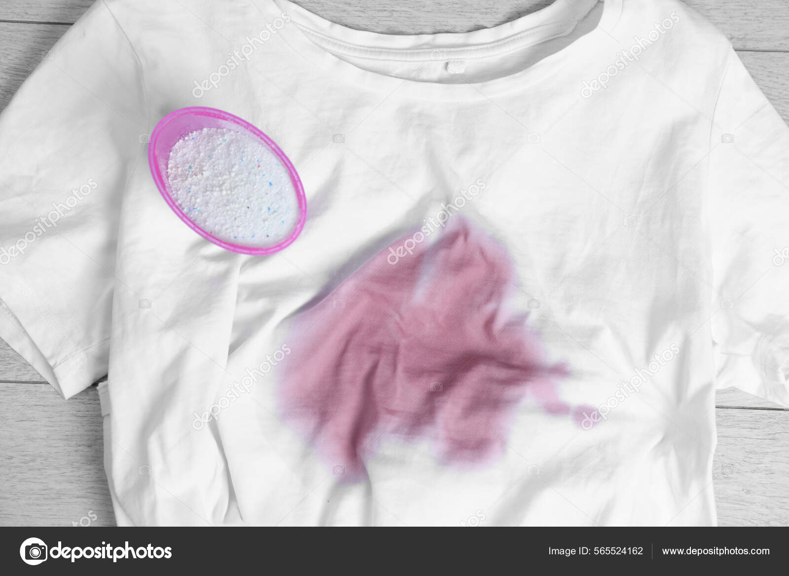 White Shirt Stain Powdered Detergent Wooden Surface Top View Hand ...