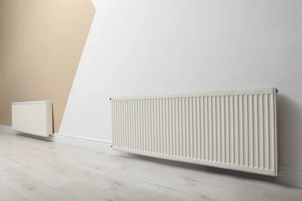 Modern Radiator White Wooden Wall Central Heating System Stock Photo by ...