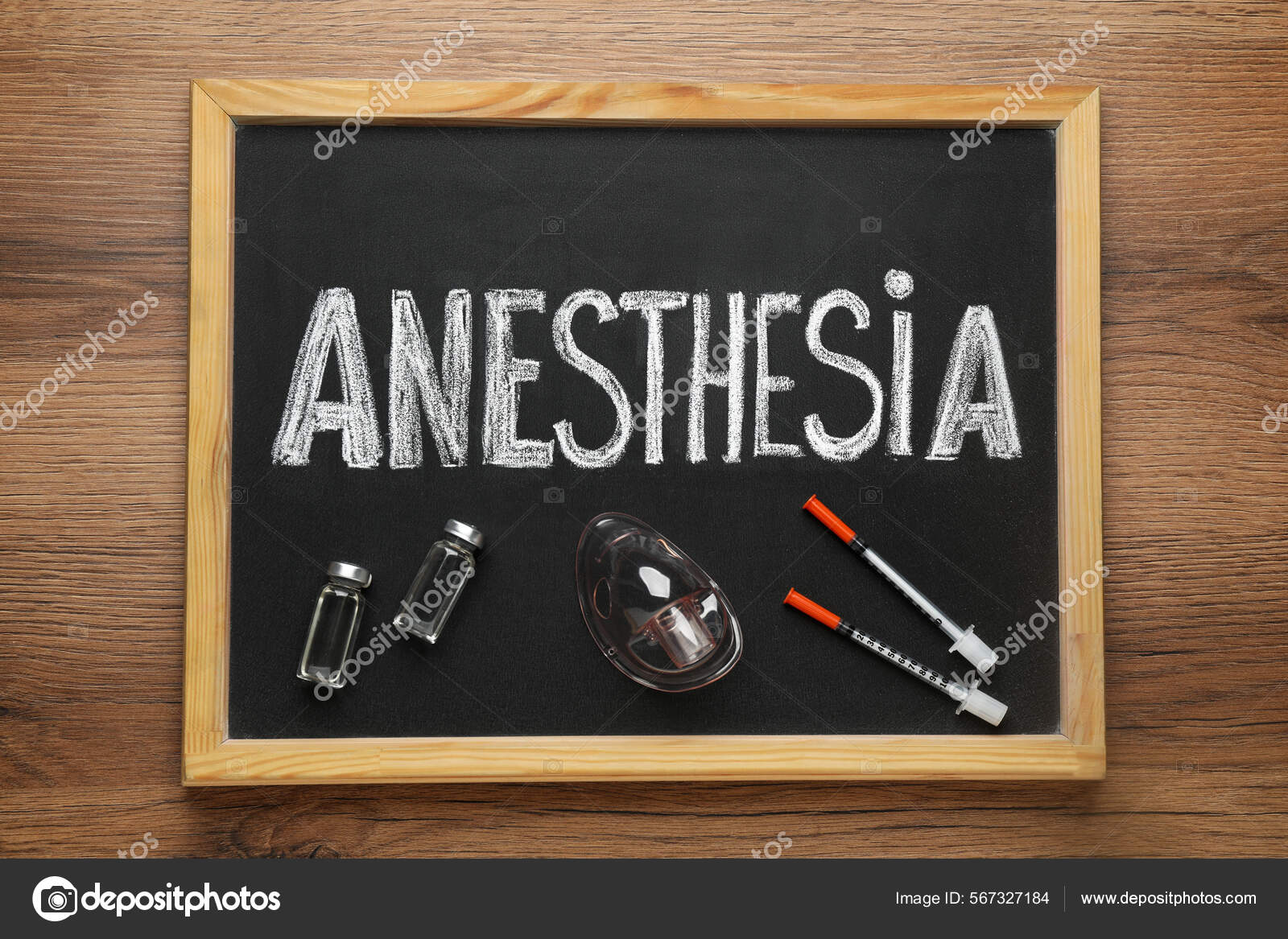 Blackboard Word Anesthesia Vials Mask Syringes Wooden Table Top View ...