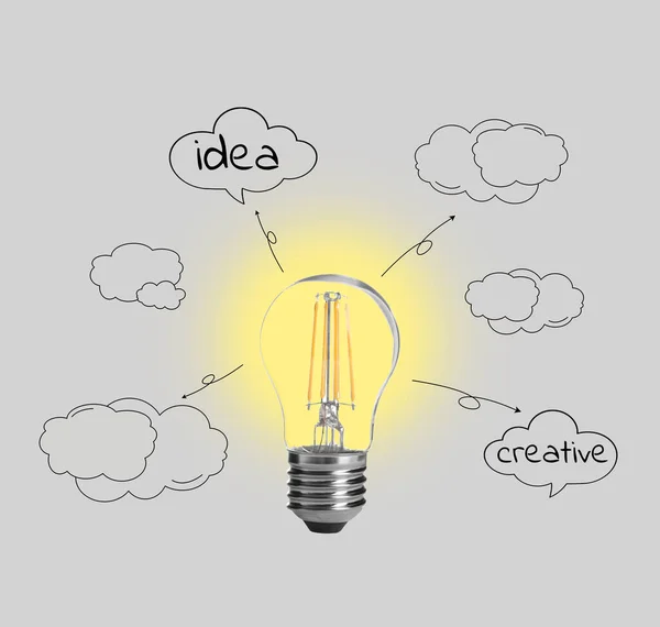 Creative idea concept. Light bulb and drawings of clouds with words on ...