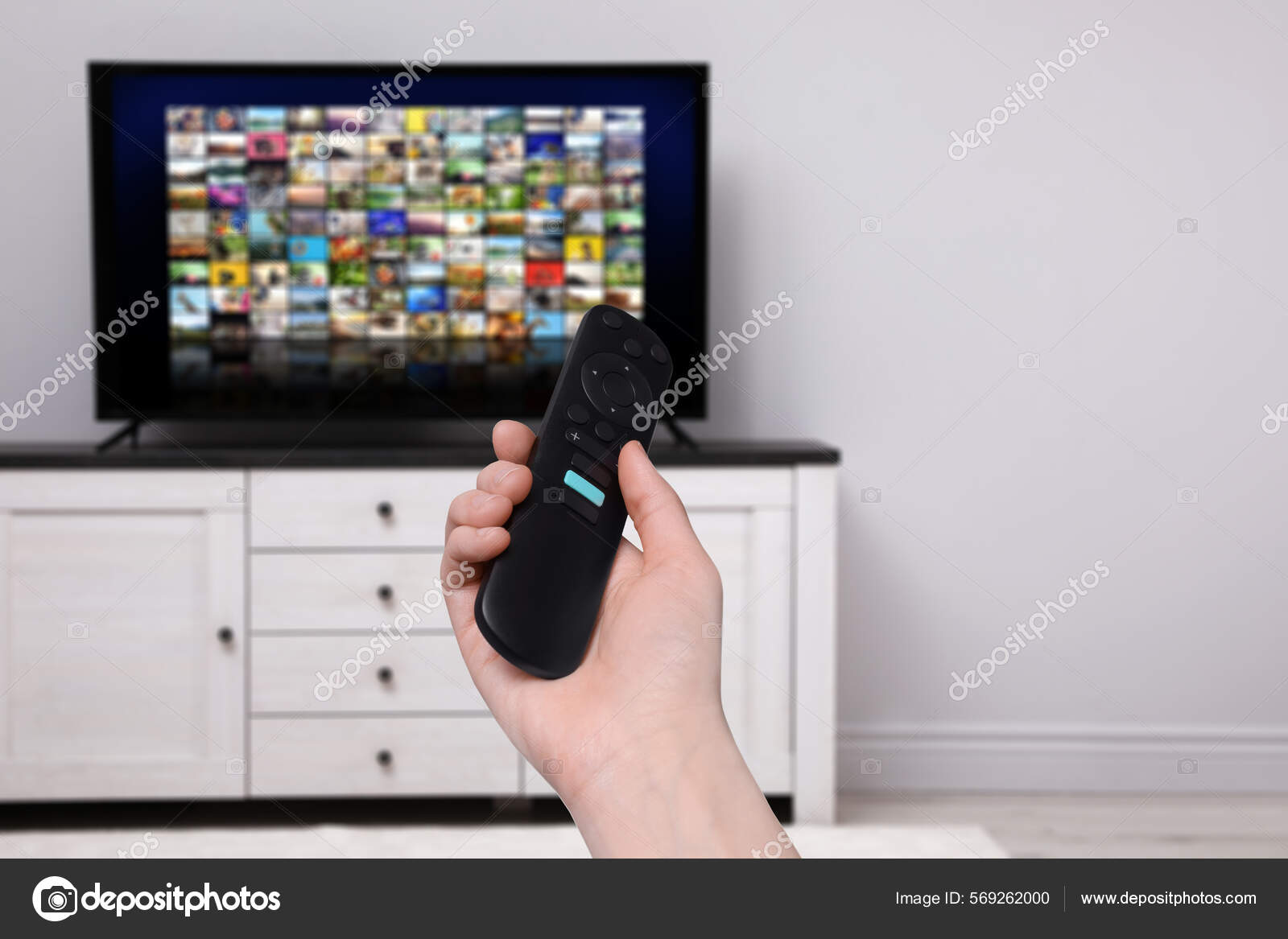 Woman Remote Control Changing Channels While Watching Home Closeup ...