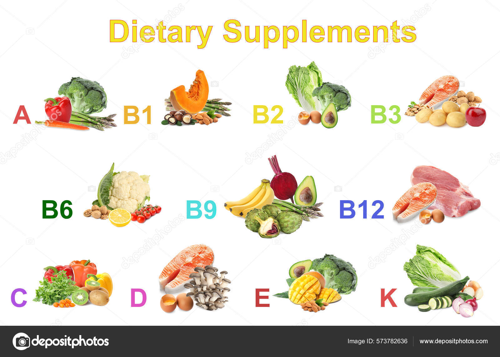 Set Fresh Products Rich Different Vitamins Dietary Supplements Stock ...