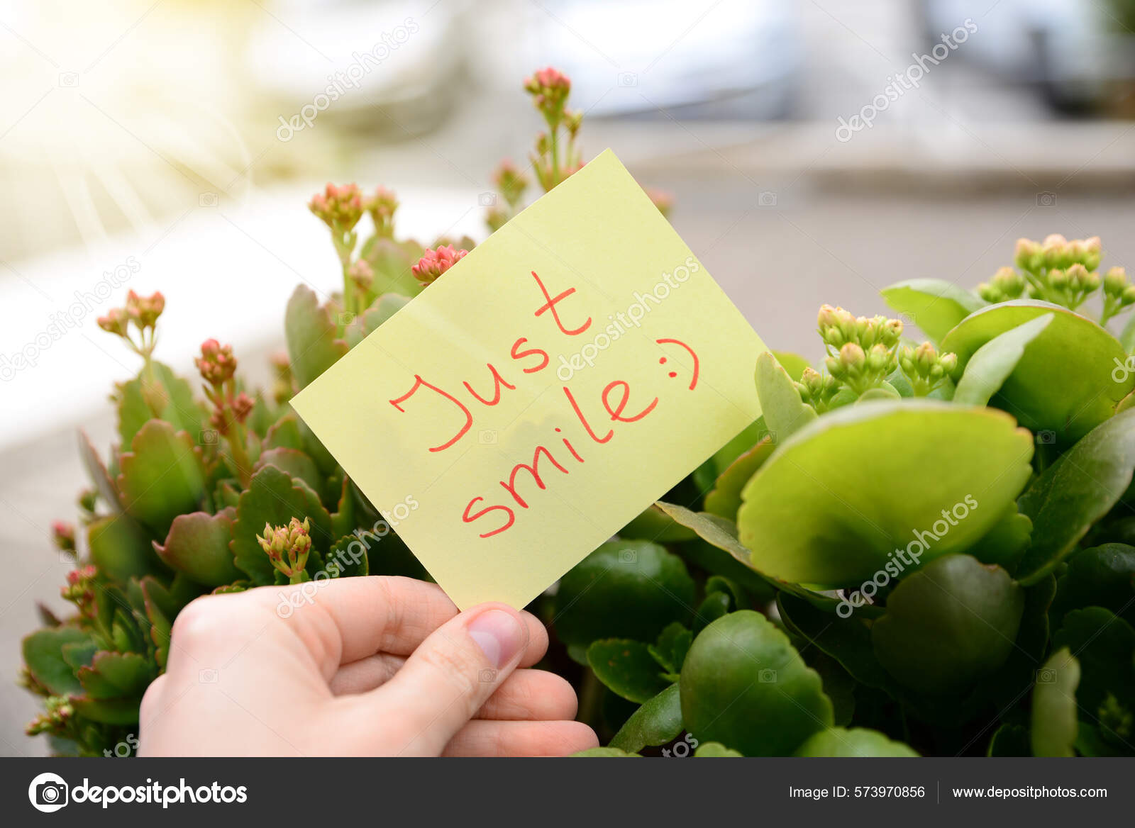 Woman Holding Paper Note Handwritten Text Just Smile Beautiful Plants ...