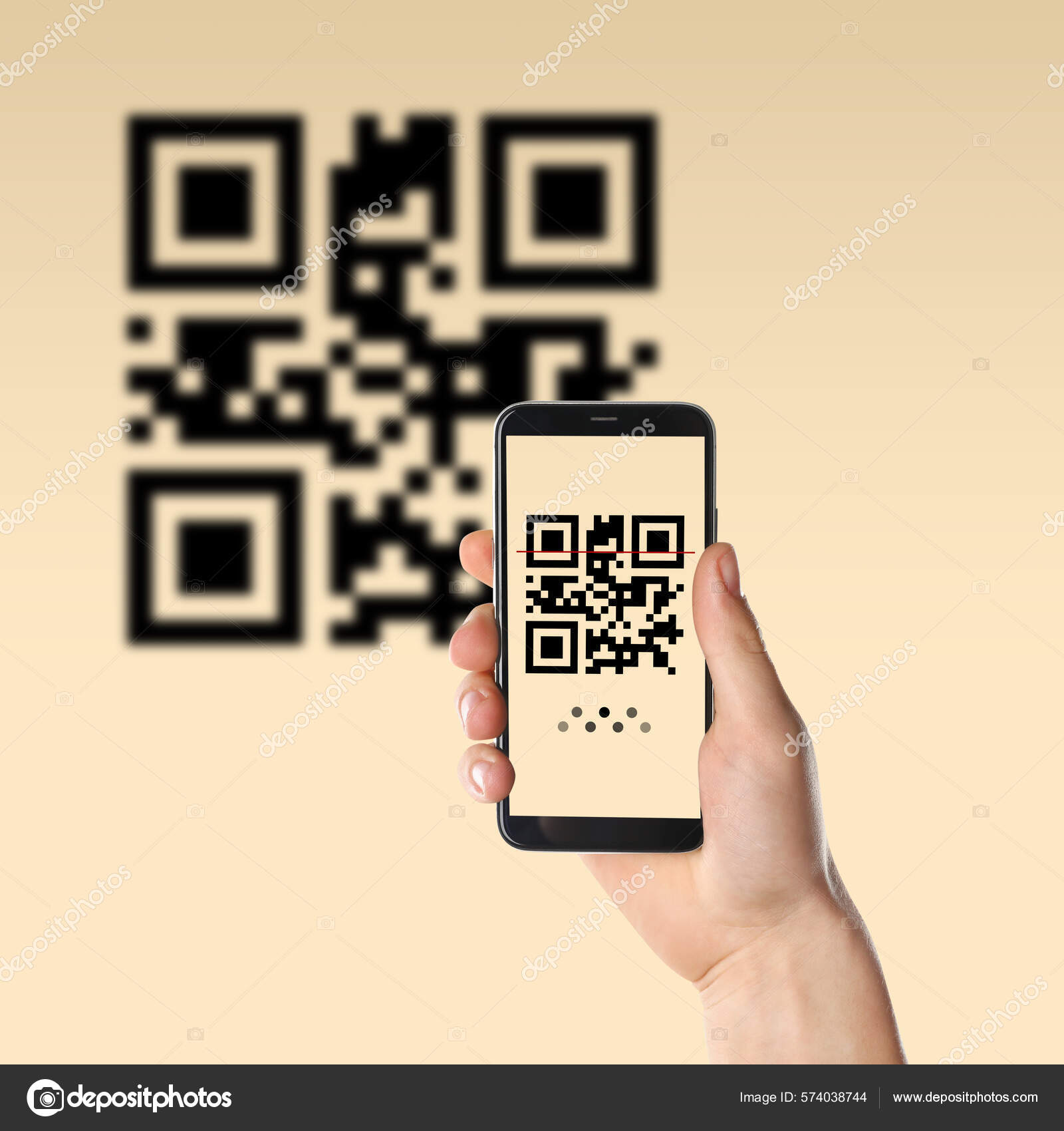 Woman Scanning Code Smartphone Beige Background Closeup Stock Photo by ...