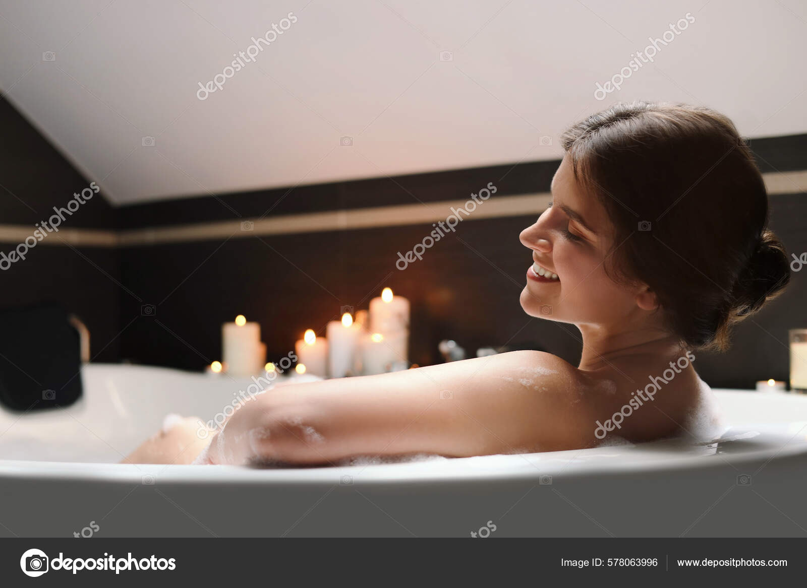 Happy Beautiful Woman Taking Bubble Bath Romantic Atmosphere Stock