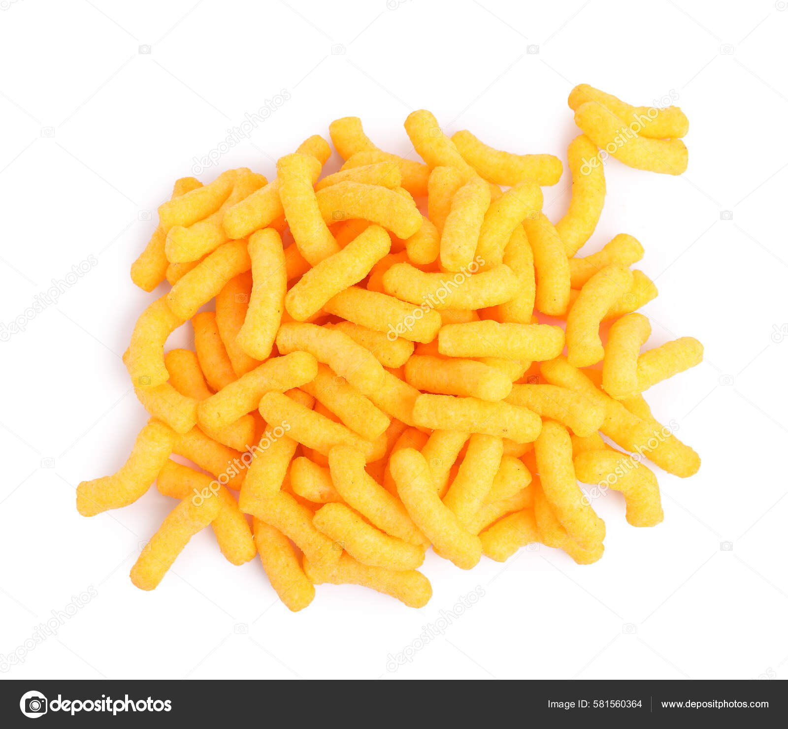 Many Tasty Cheesy Corn Puffs Isolated White Top View — Stock Photo ...
