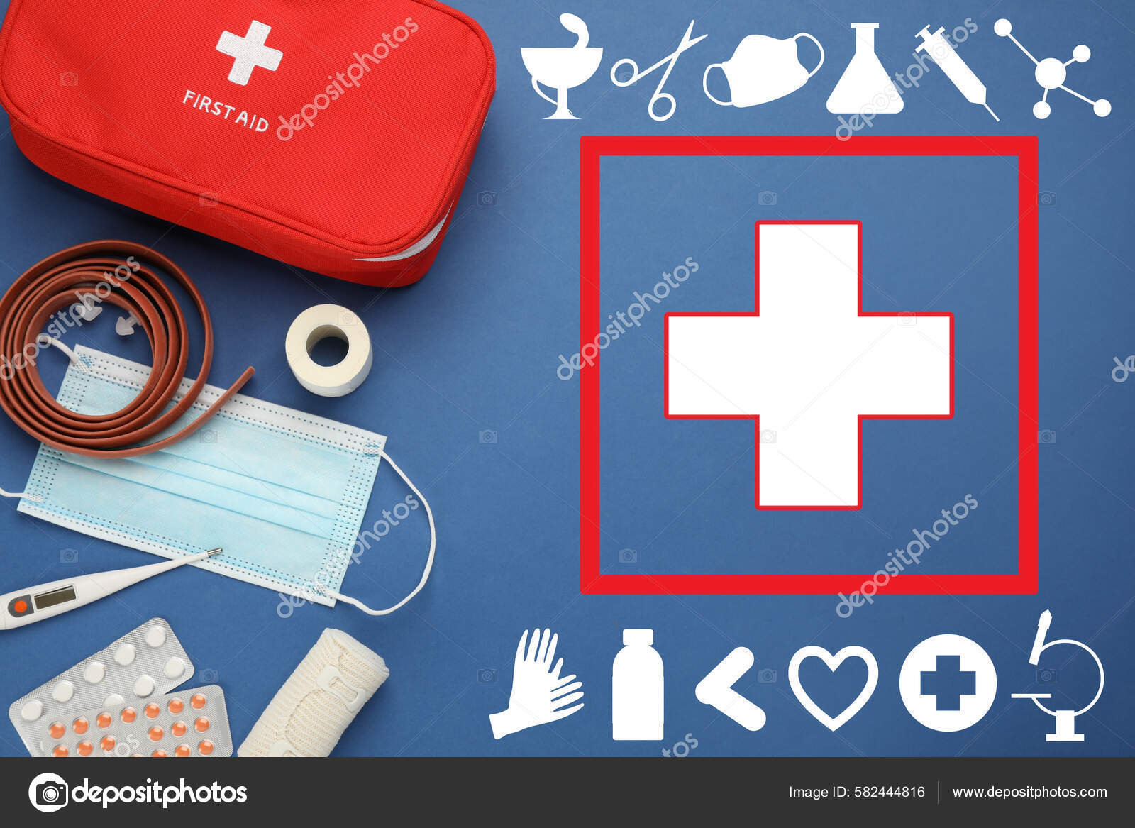 First Aid Kit Cross Different Images Blue Background Flat Lay — Stock ...