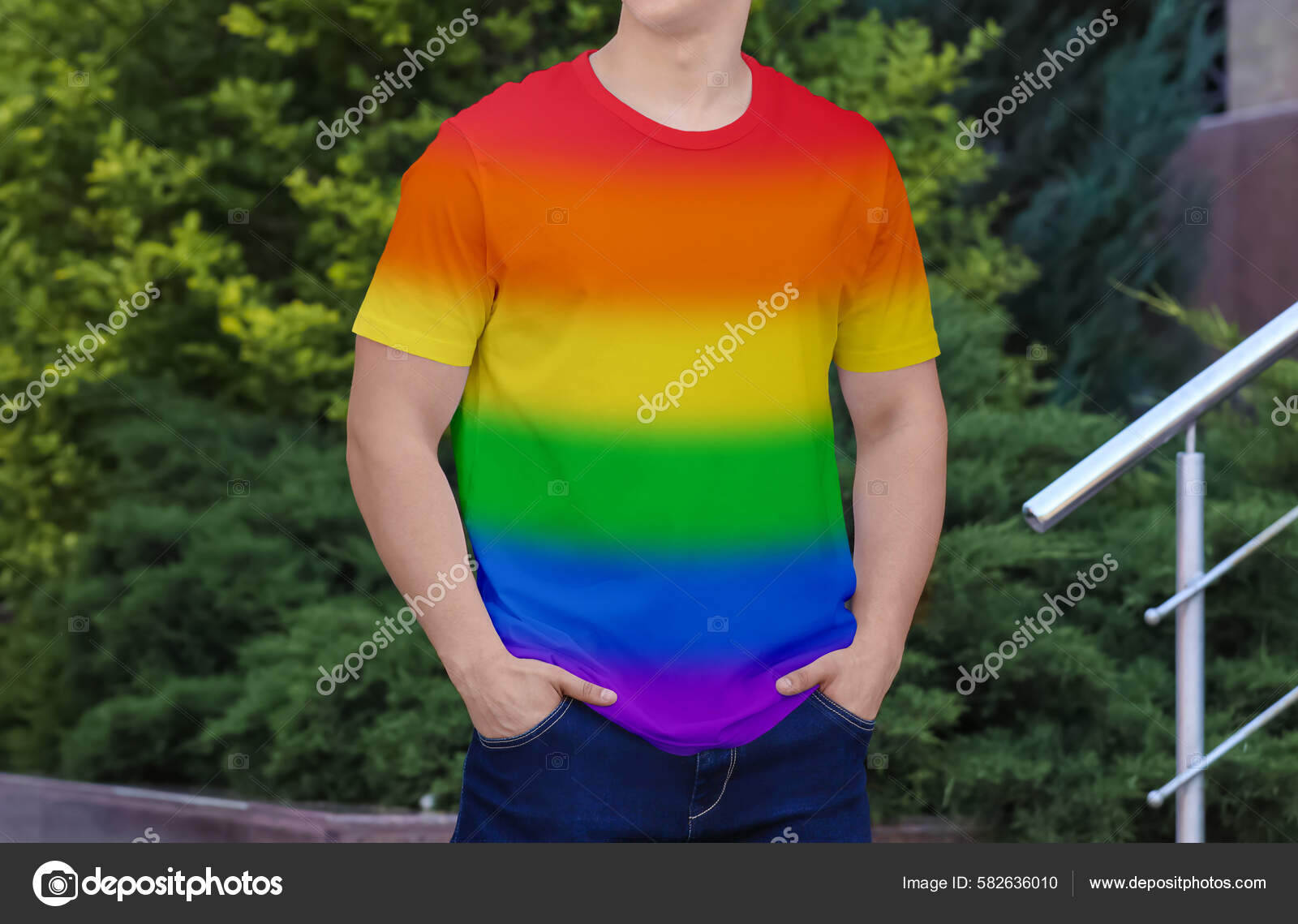 Young Man Wearing Rainbow Shirt Outdoors Lgbt Concept — Stock Photo ...
