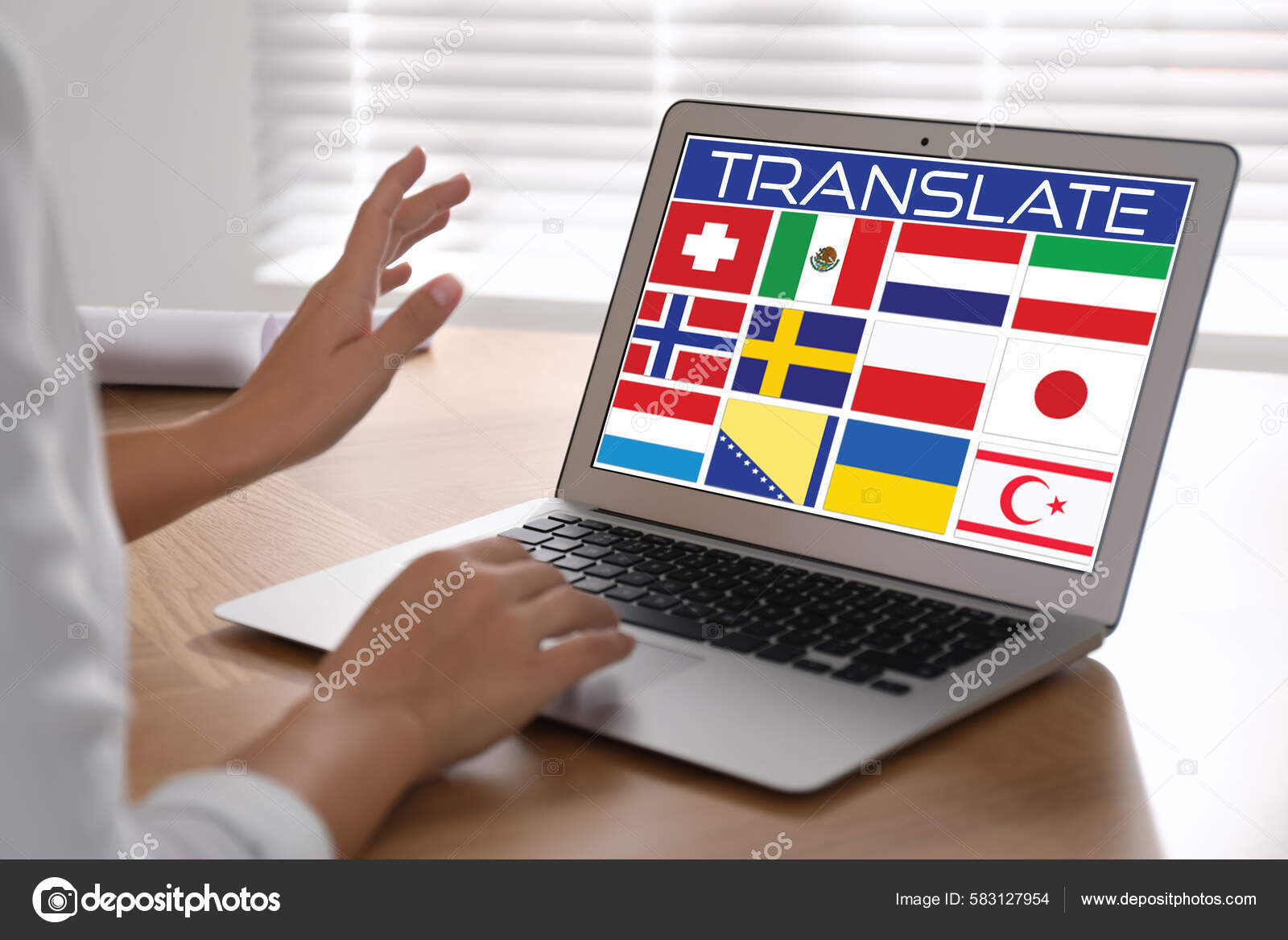 Translator Using Modern Laptop Images Different Flags Screen Wooden ...