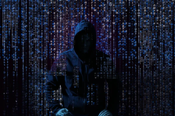 Silhouette Anonymous Hacker Digital Binary Code Dark Background Cyber Attack Stock Photo by ...