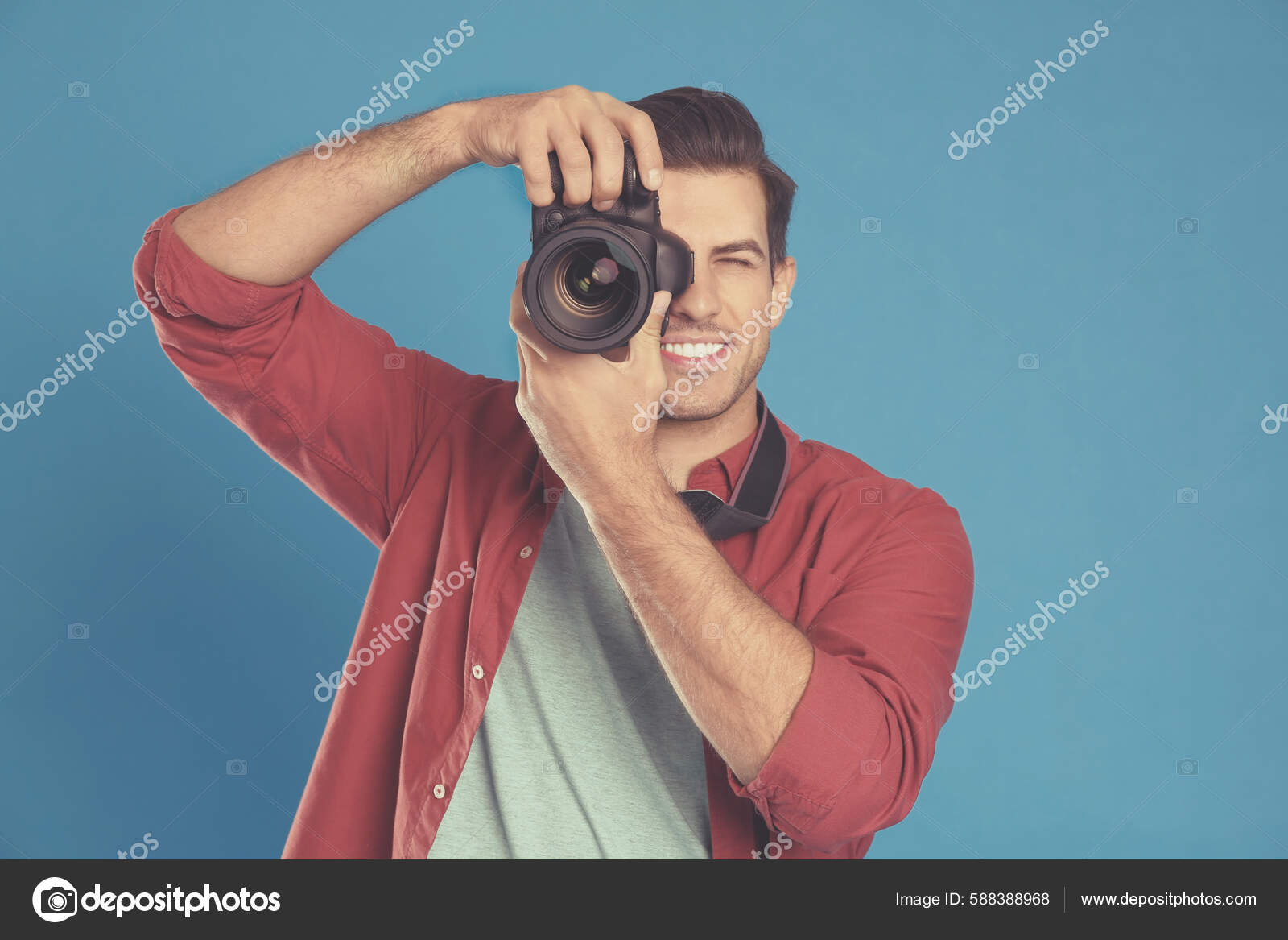 Professional Photographer Camera Blue Background — Stock Photo ...