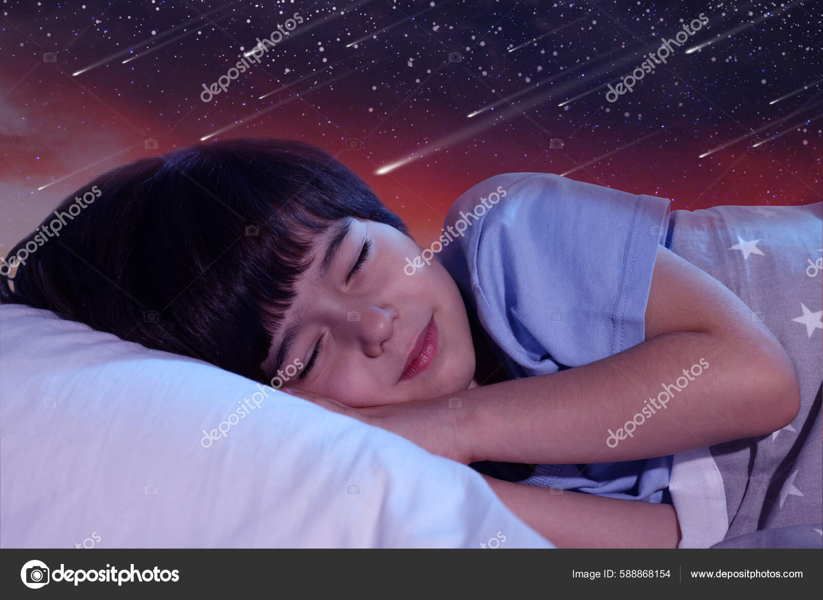 Cute Little Boy Sleeping Bed Beautiful Starry Sky Night Background ...