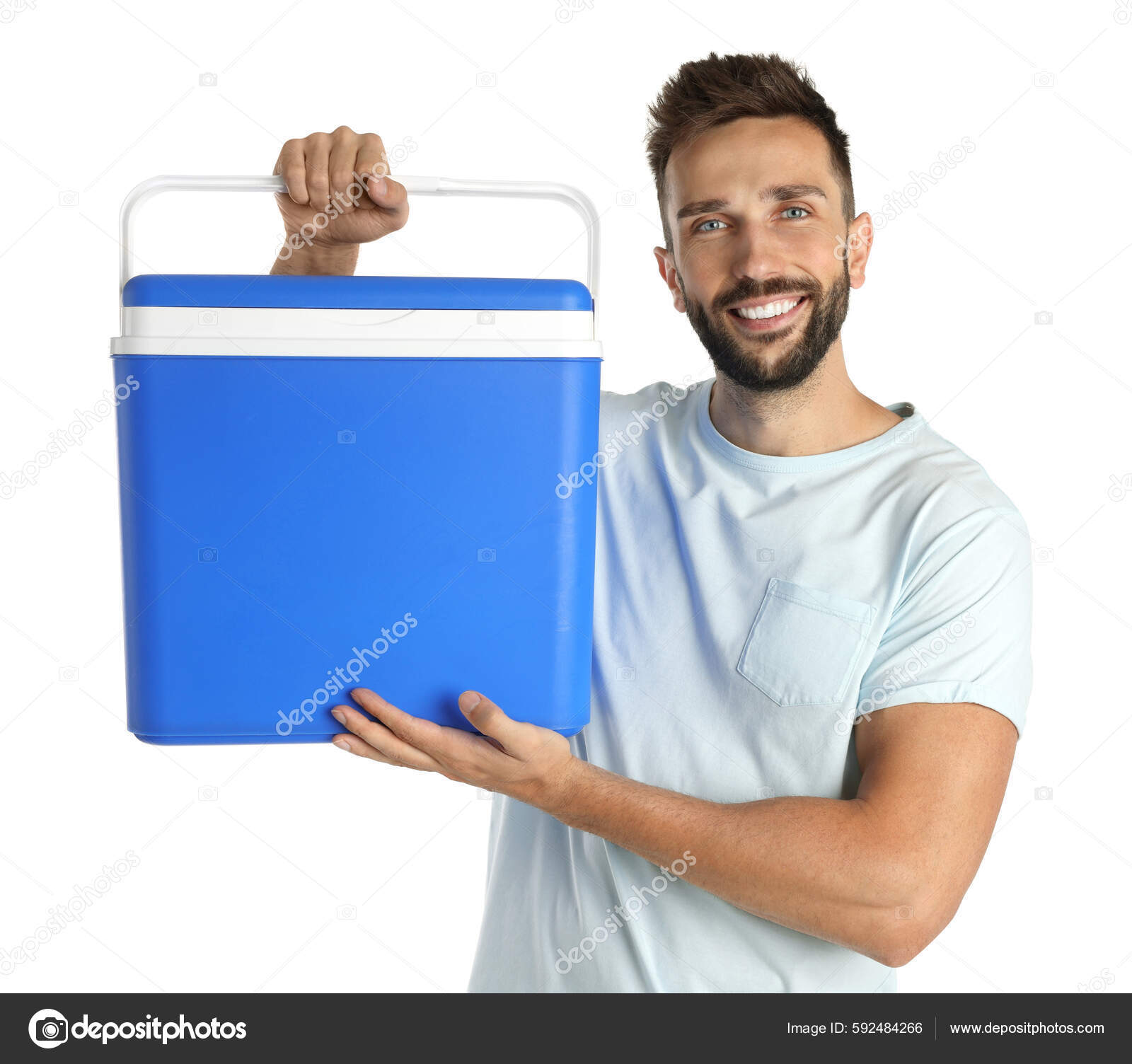 Happy Man Cool Box White Background — Stock Photo © NewAfrica #592484266