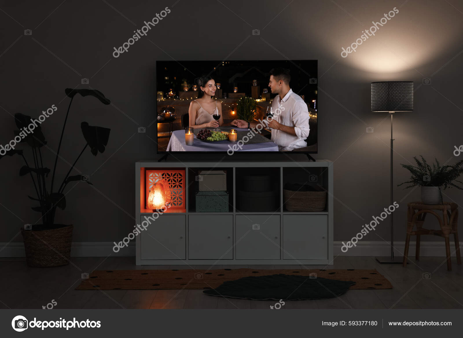Modern Set Wooden Stand Room Scene Romantic Movie Screen — Stock Photo ...