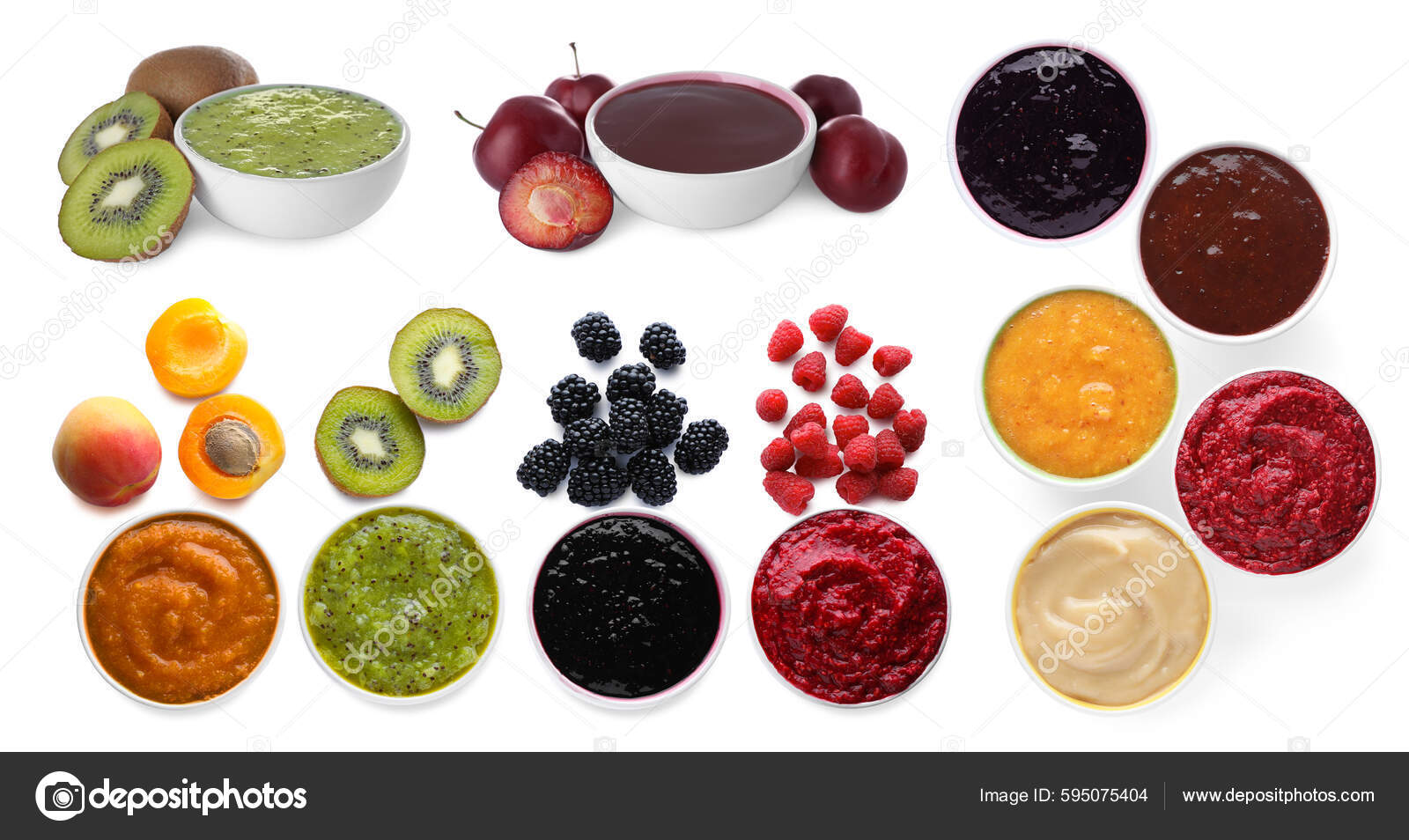 Set Different Tasty Fruit Puree White Background Stock Photo by ...