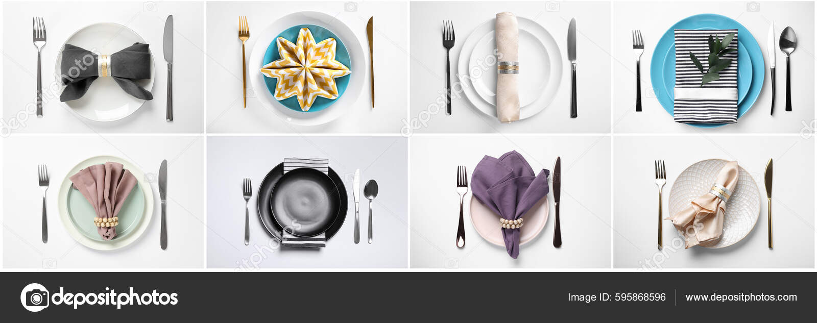 Set Examples Different Beautiful Table Settings White Background Top ...