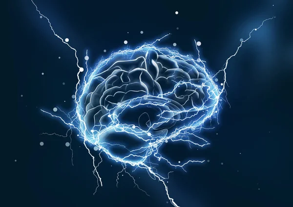 Illustration of human brain with lightning strikes on dark blue ...