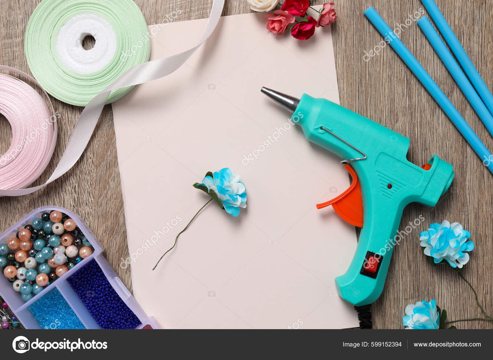 Hot Glue Gun Handicraft Materials Wooden Table Flat Lay Stock Photo by ...