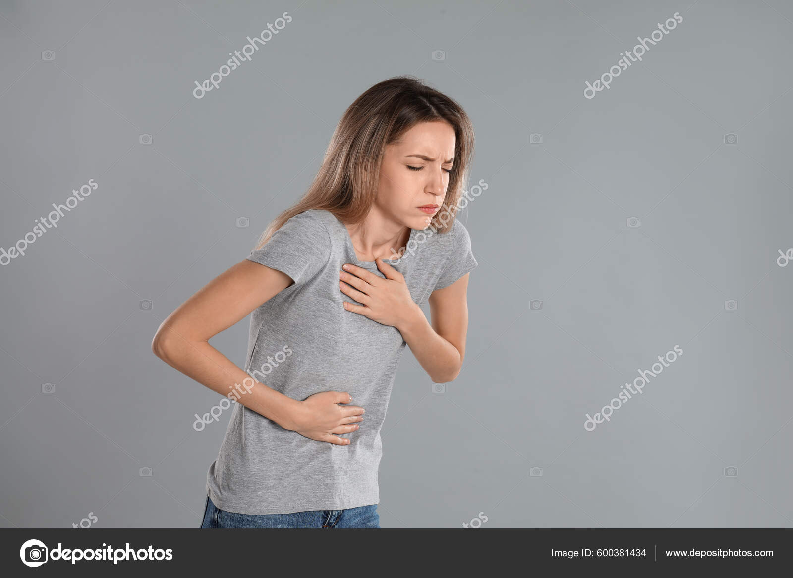 Woman Suffering Nausea Grey Background Space Text Food Poisoning Stock ...