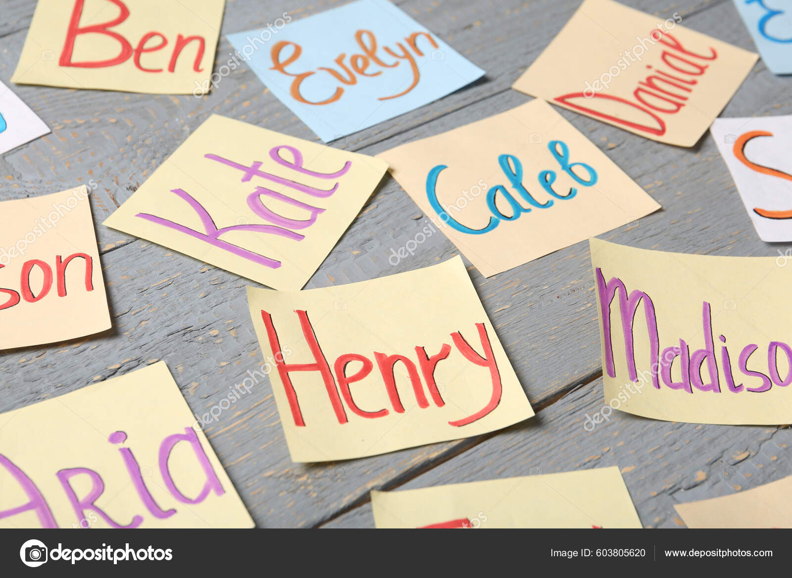 Colorful Paper Sheets Written Different Baby Names Grey Wooden Table ...