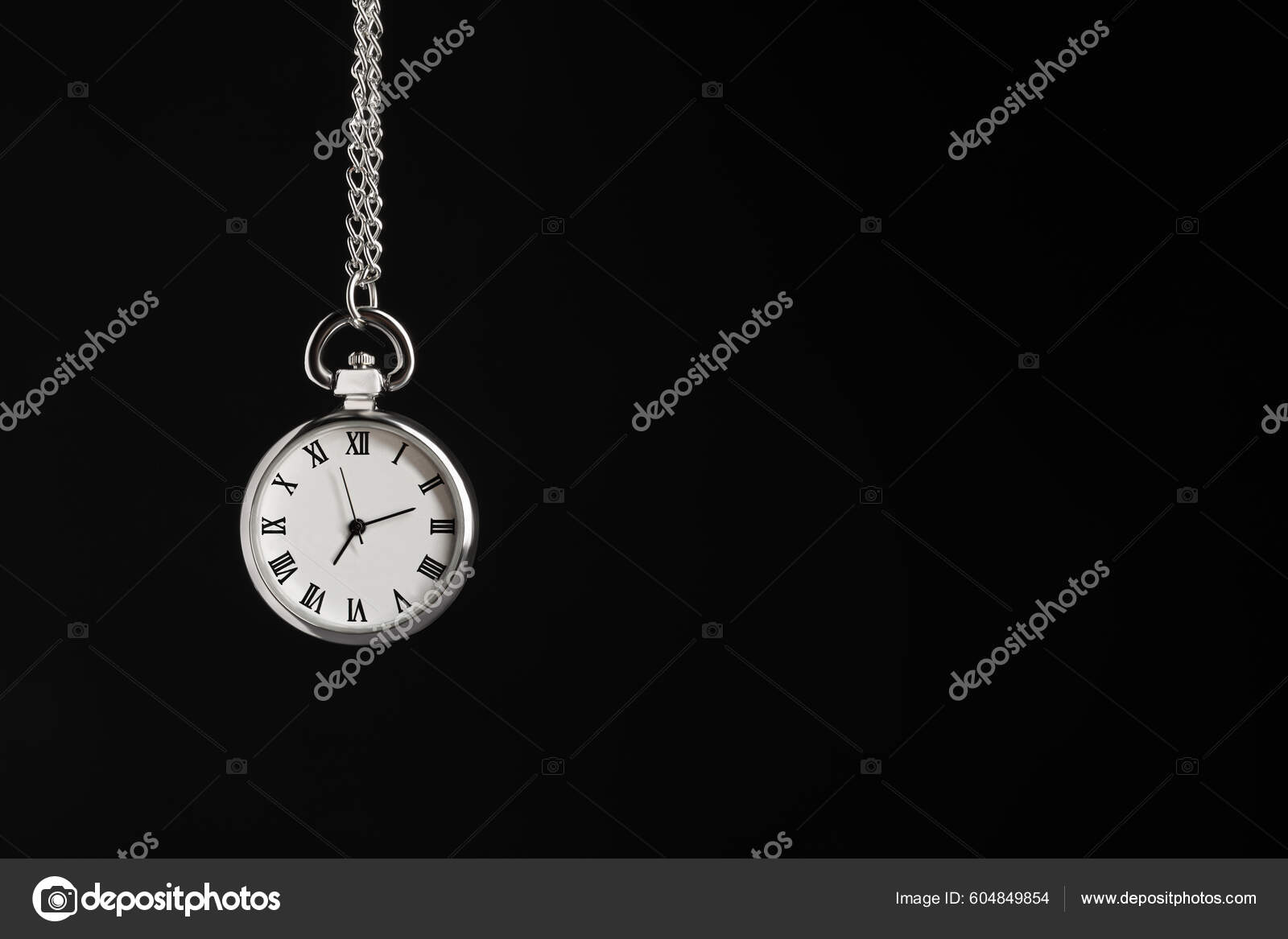 Beautiful Vintage Pocket Watch Silver Chain Black Background Space Text ...