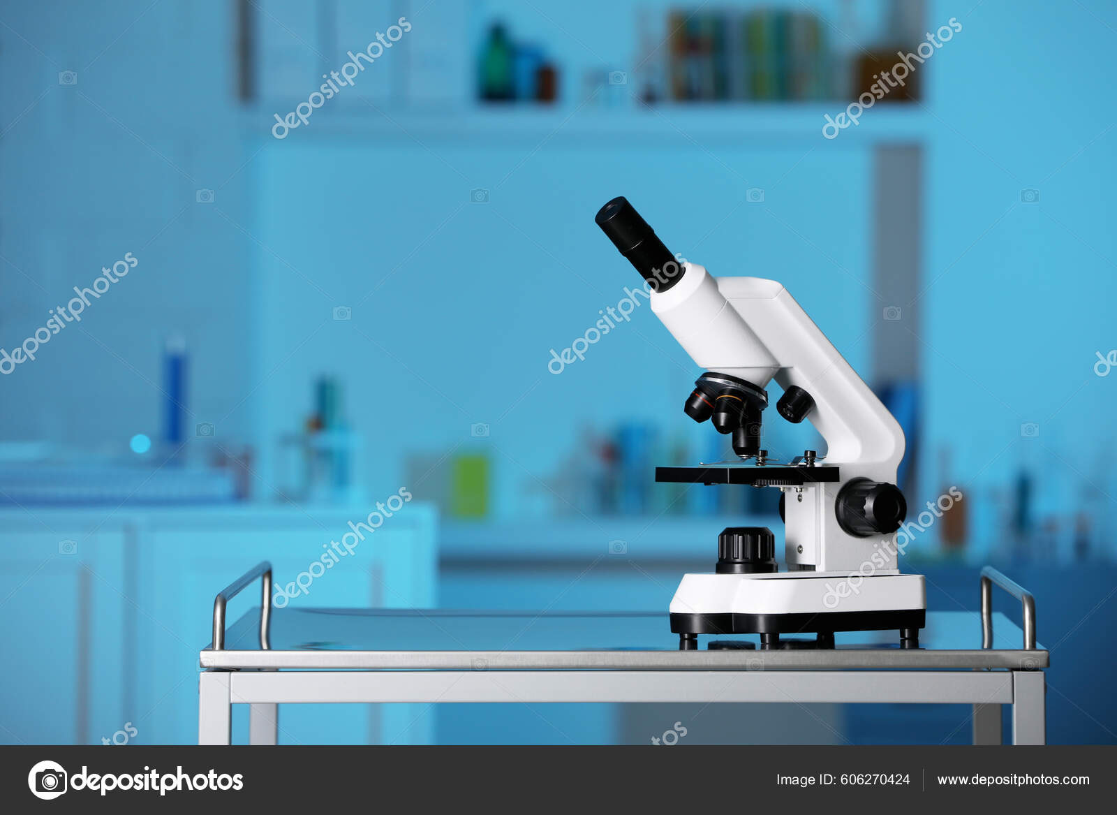 Modern Medical Microscope Metal Table Laboratory Space Text — Foto ...