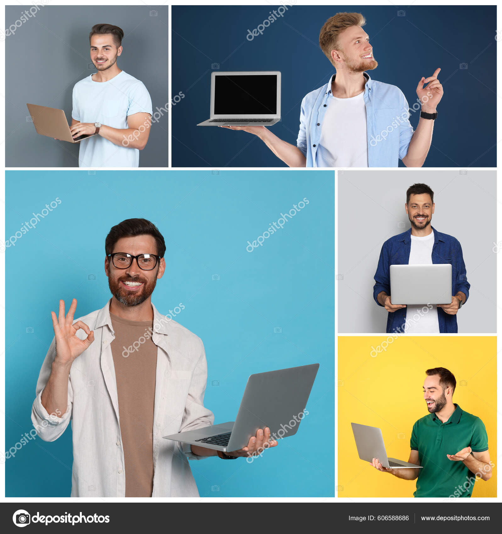 Collage Photos Men Holding Modern Laptops Different Color Backgrounds ...