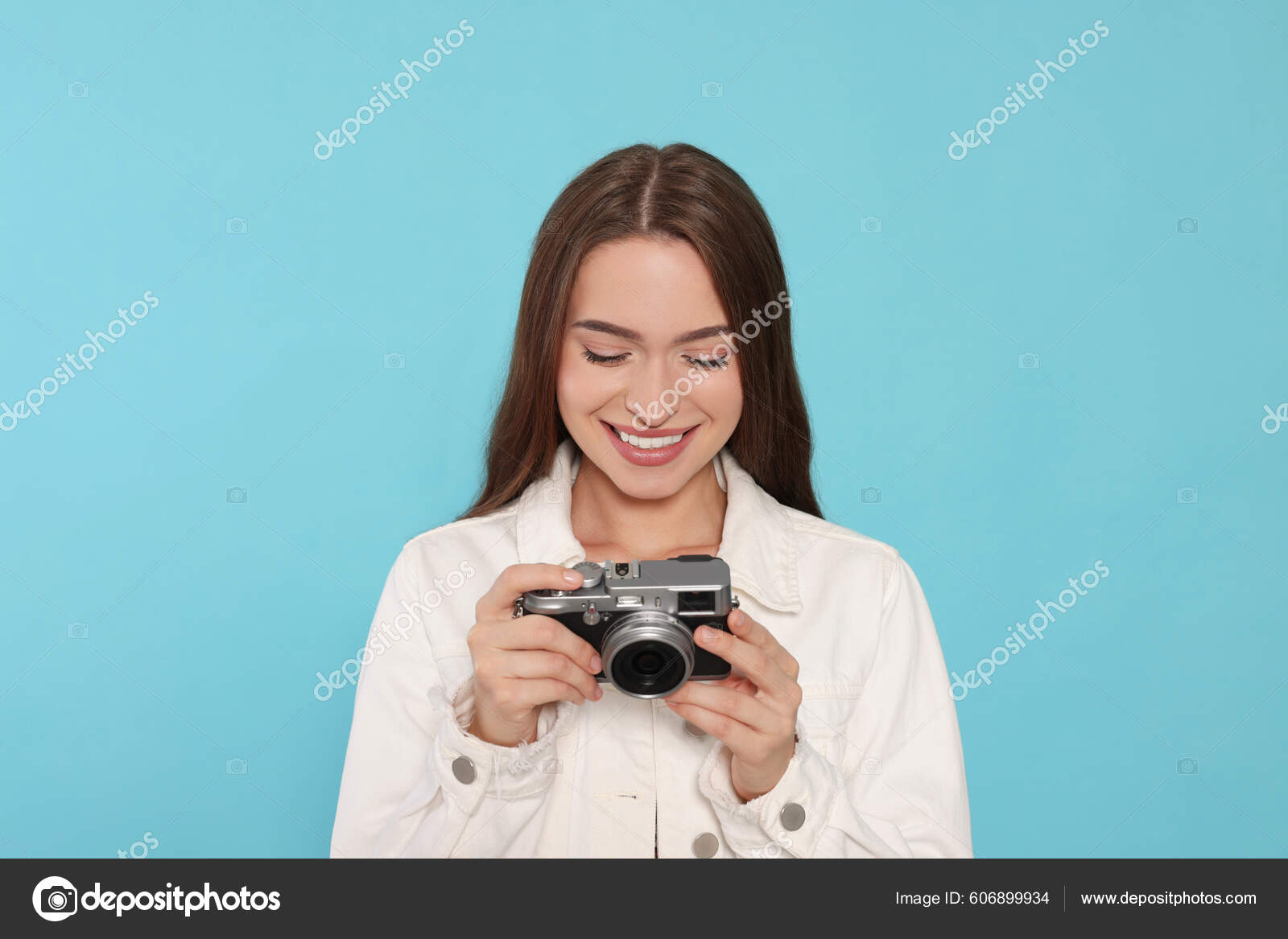 Young Woman Camera Light Blue Background Interesting Hobby Stock Photo ...