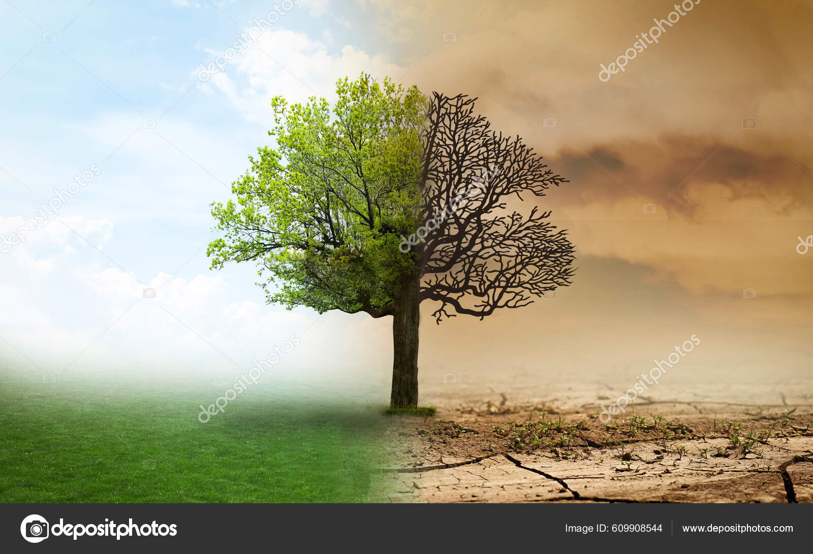 Concept Climate Changing Half Dead Alive Tree Outdoors — Stock Photo ...