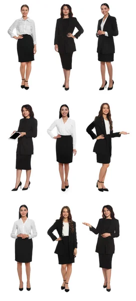 Collage Photos Hostess Uniform White Background — Stock Photo ...