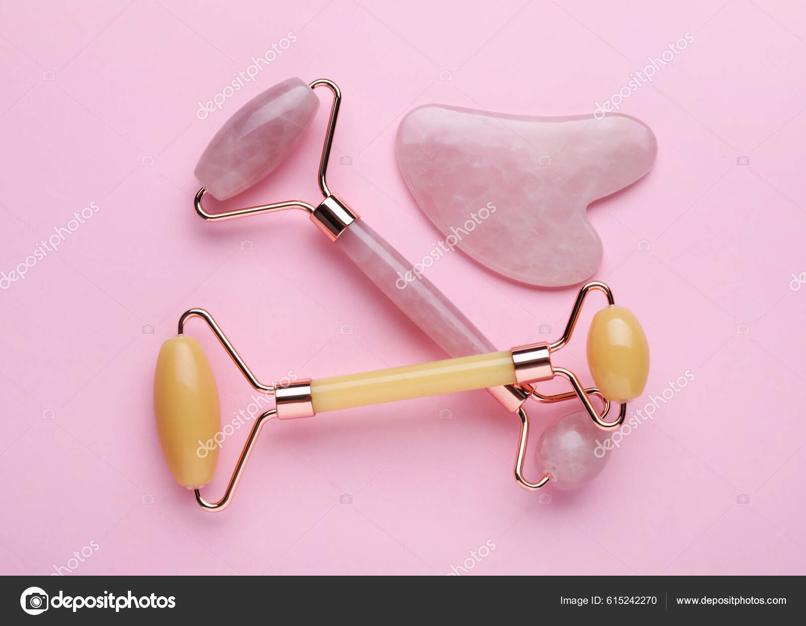 Gua Sha Stone Different Face Rollers Pink Background Flat Lay — Stock ...