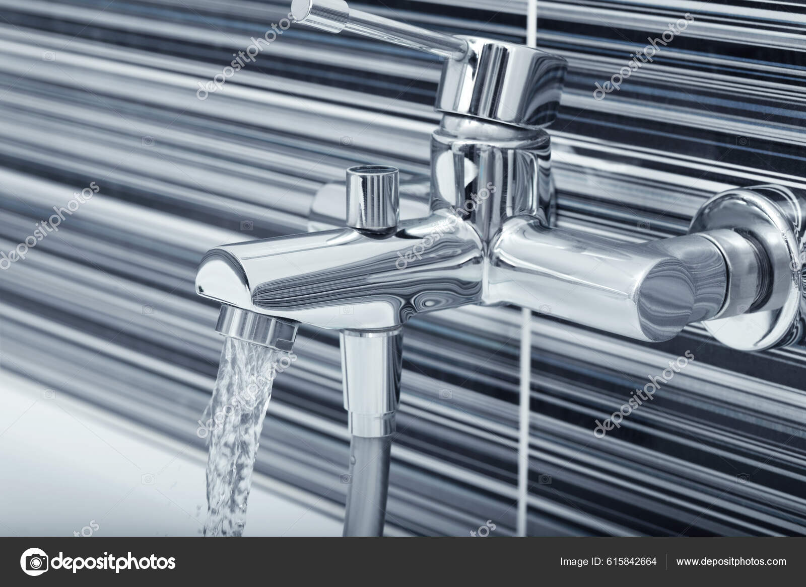 Water Flowing Bath Tap Installed Black White Wall — Stock Photo ...
