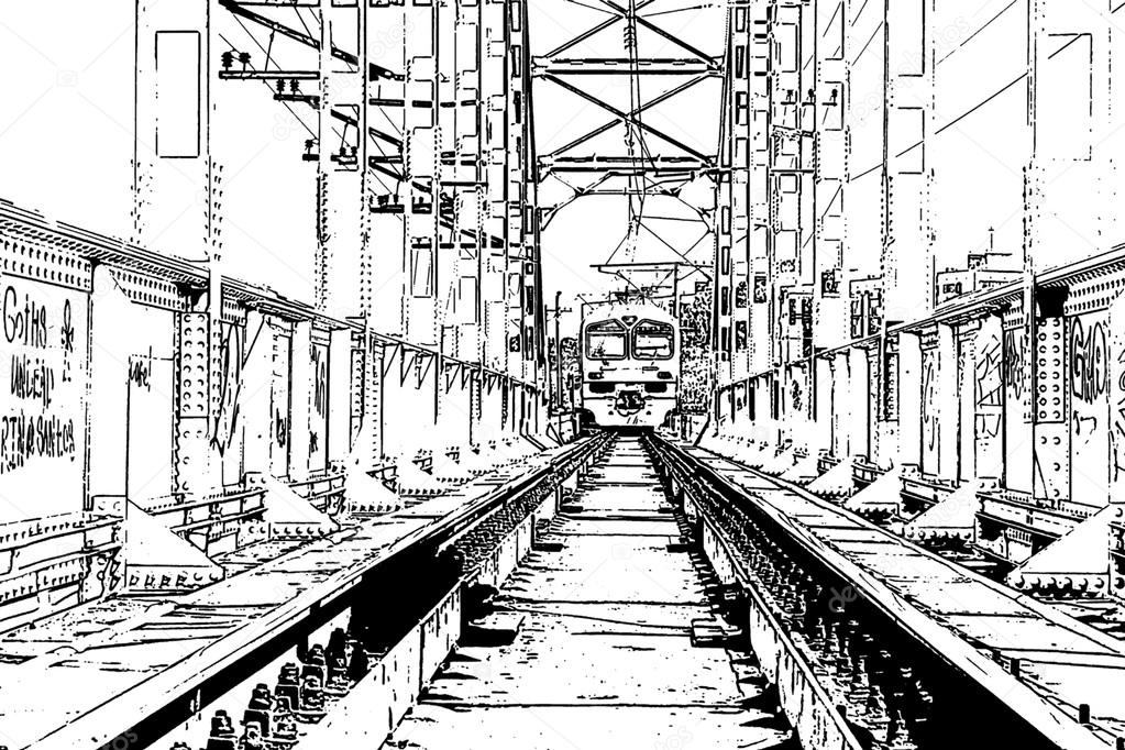 The electric train on a railway bridge. Drawing in pencil Stock ...