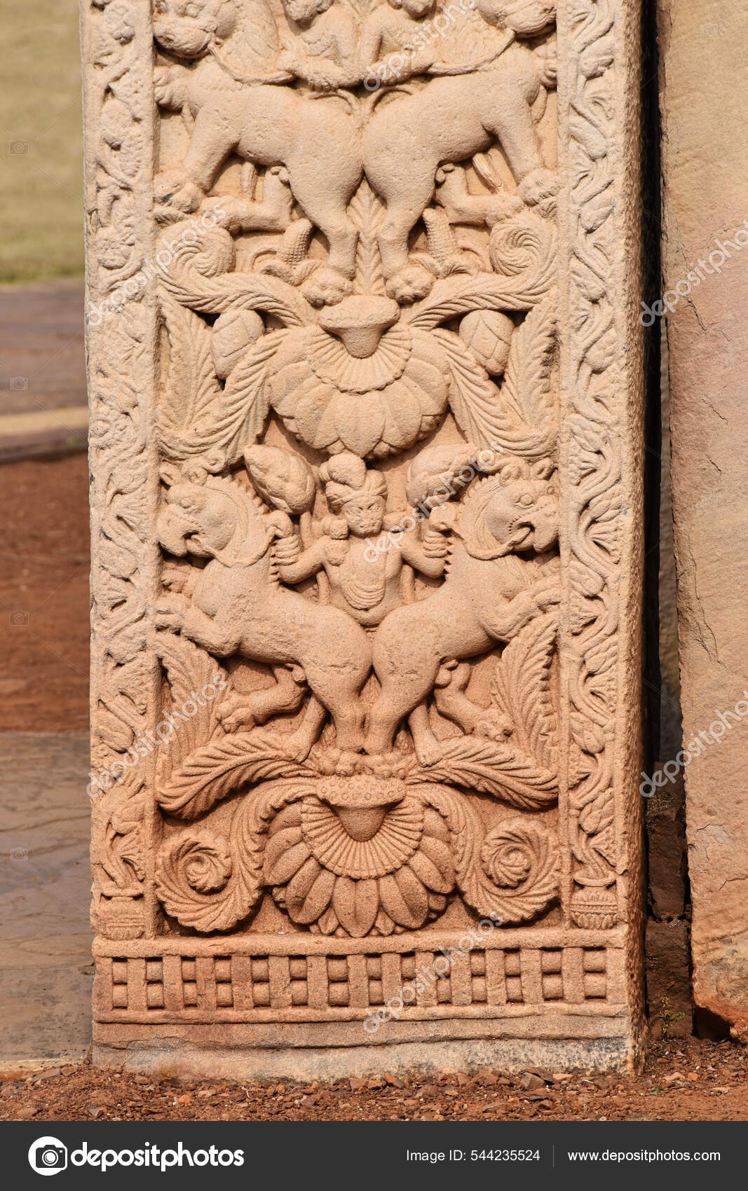 Stupa West Gateway Right Pillar Face Carved Details Animals People ...