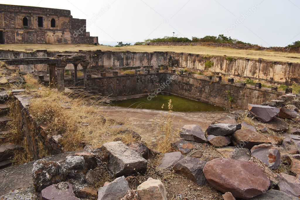 Rani Talab Infront of Rani Mahal and Badal Mahal at Raisen fort. Madhya ...