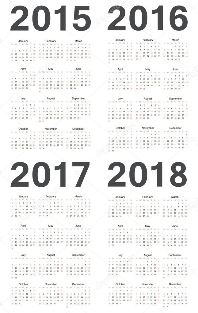 European 2015, 2016, 2017, 2018 year vector calendars — Stock Vector ...