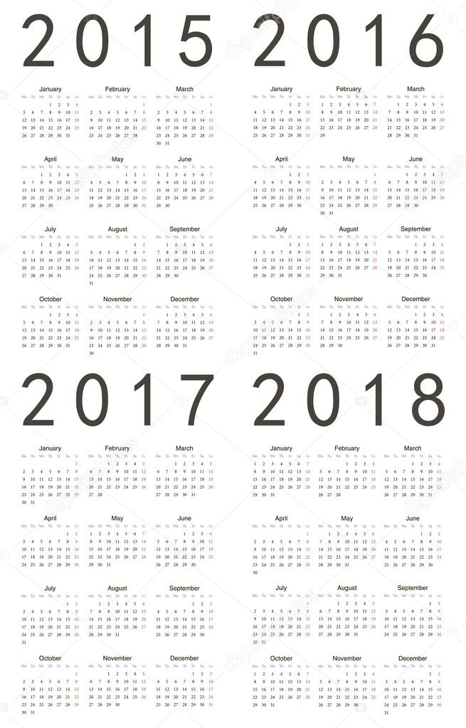 Set of european 2015, 2016, 2017, 2018 calendars Stock Vector by ...