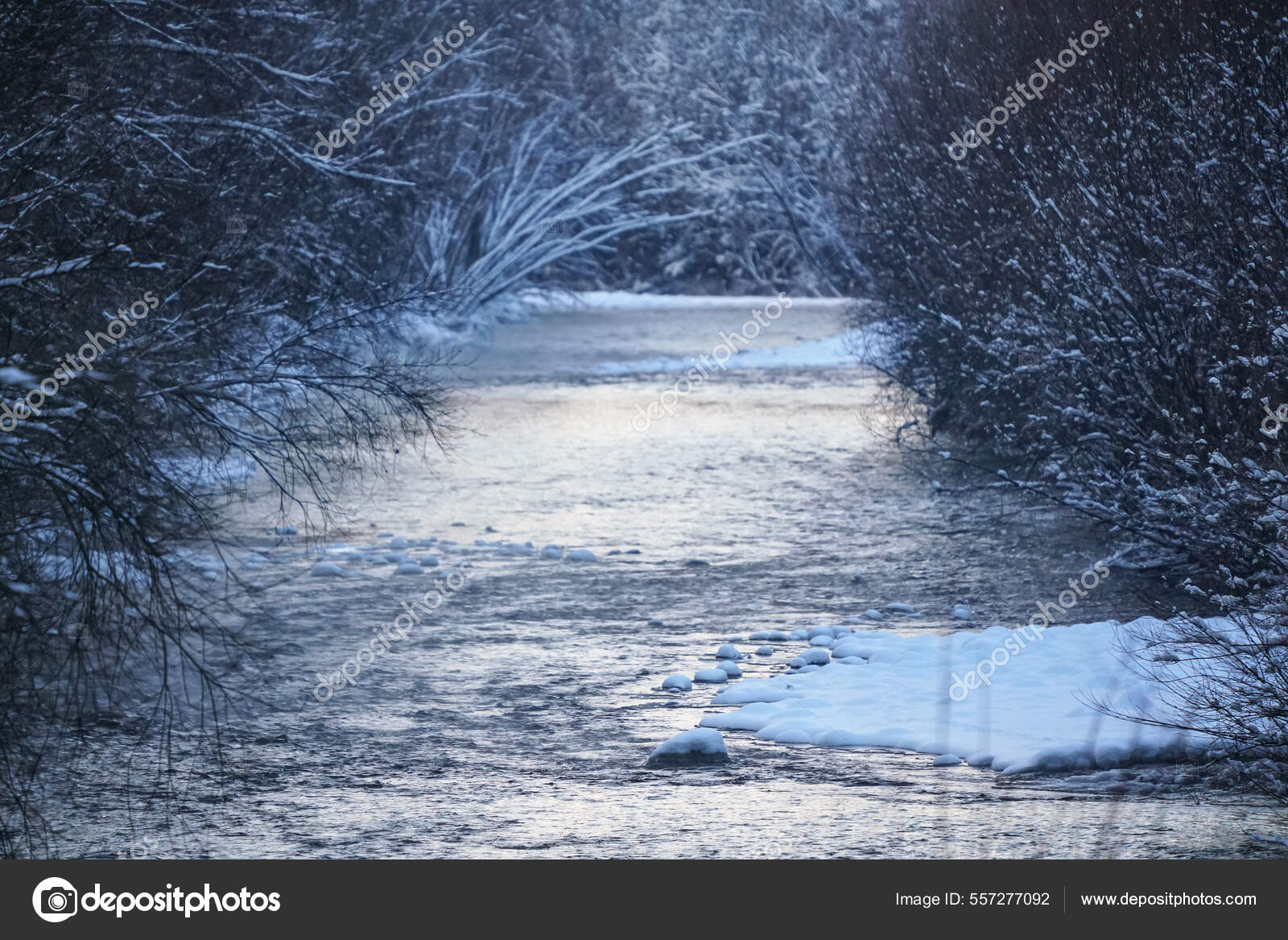 Cold winter river, dark trees on both sides Stock Photo by ©lubo.ivanko ...