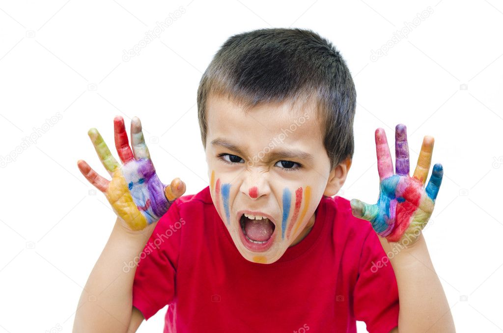 Boy Shouting with Colorful Hands Stock Photo by ©oneblink 23764227
