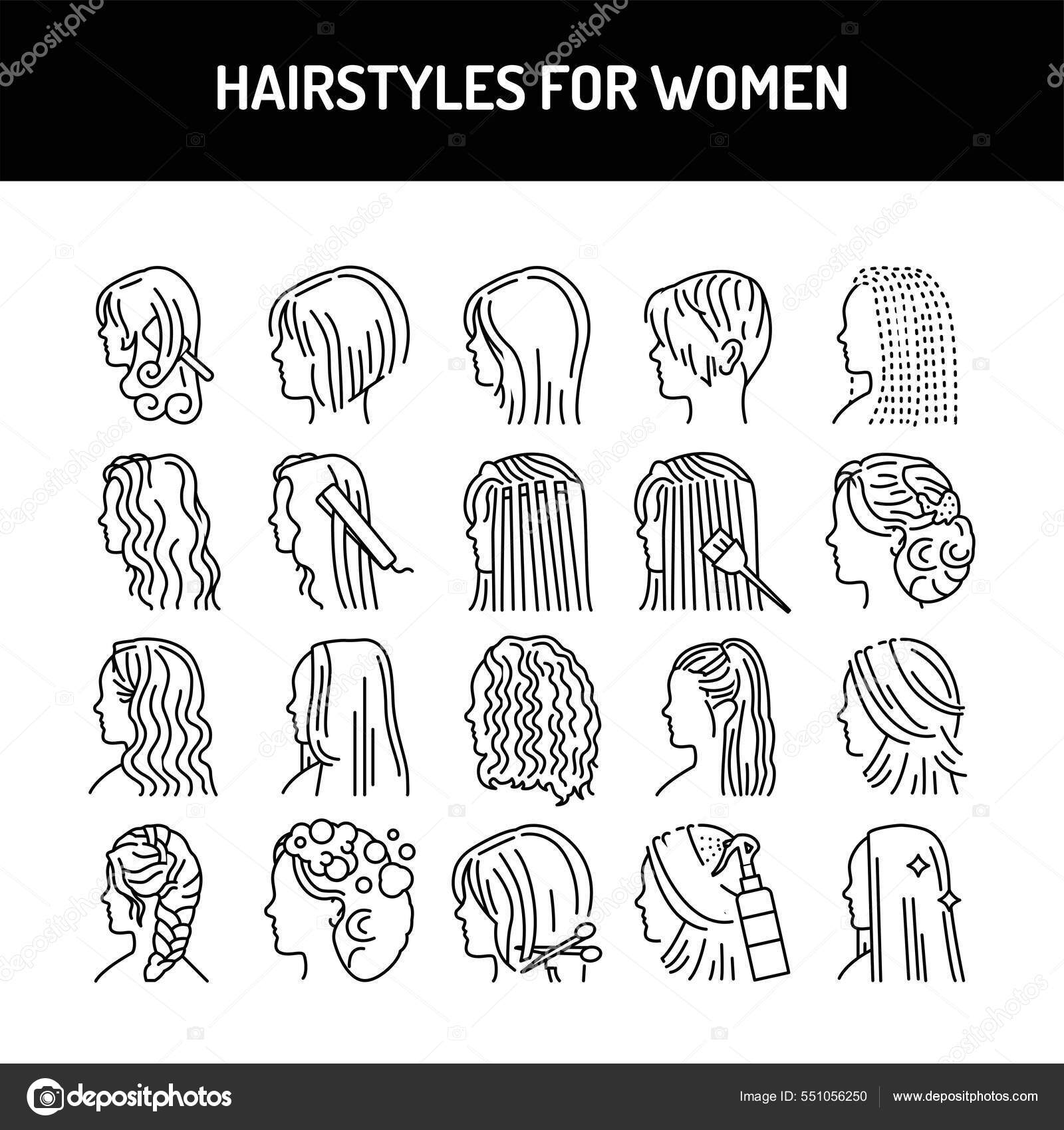 Hairstyles Women Color Line Icons Set Pictograms Web Page Mobile Stock ...