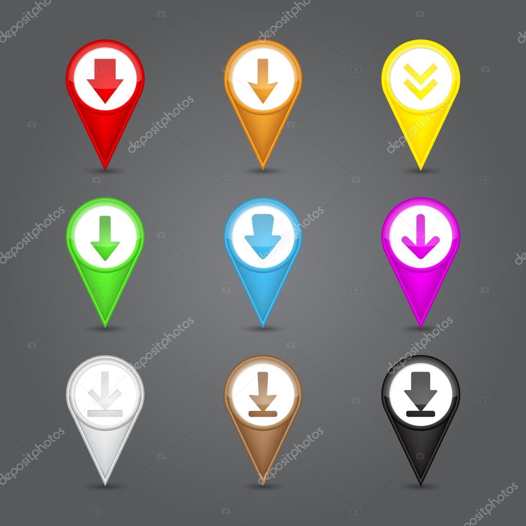 App icons glass set. Glossy round 3D map pin with arrow icon. Stock ...