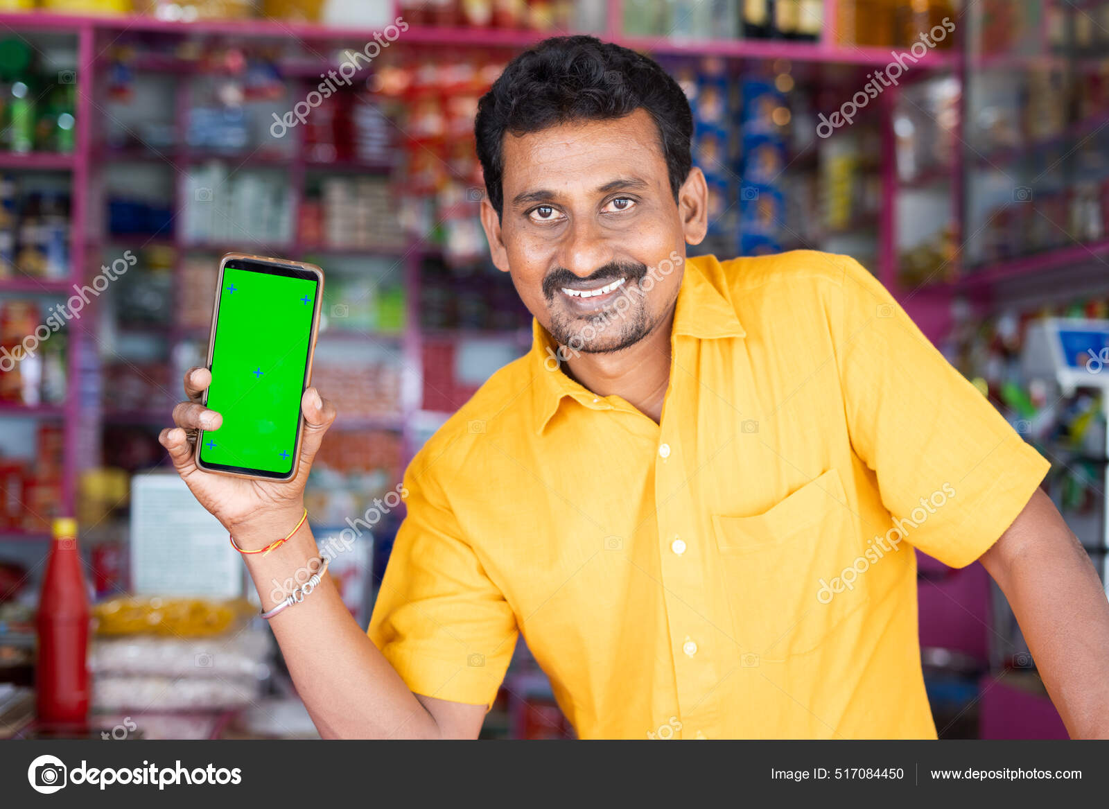 Smiling Merchant Groceries Store Hold Mobile Green Screen Mock Looking ...