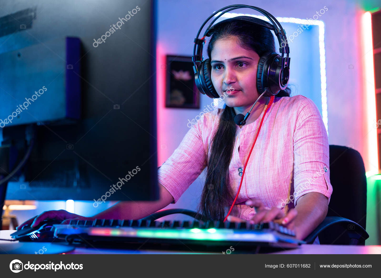 Smiling Girl Playing Online Live Video Game Computer Talking Headphone ...