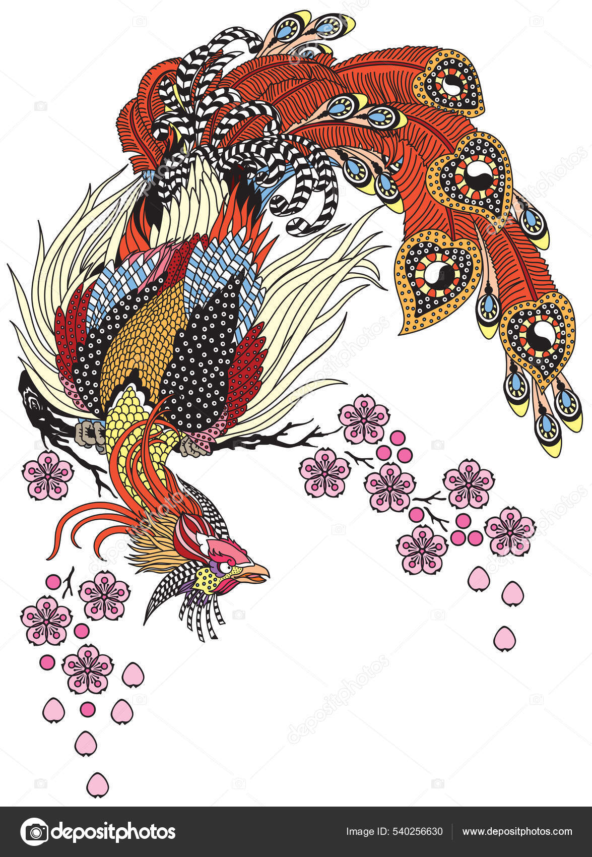 Magical Phoenix Sitting Blossom Sakura Branch Chinese Mythological Bird ...