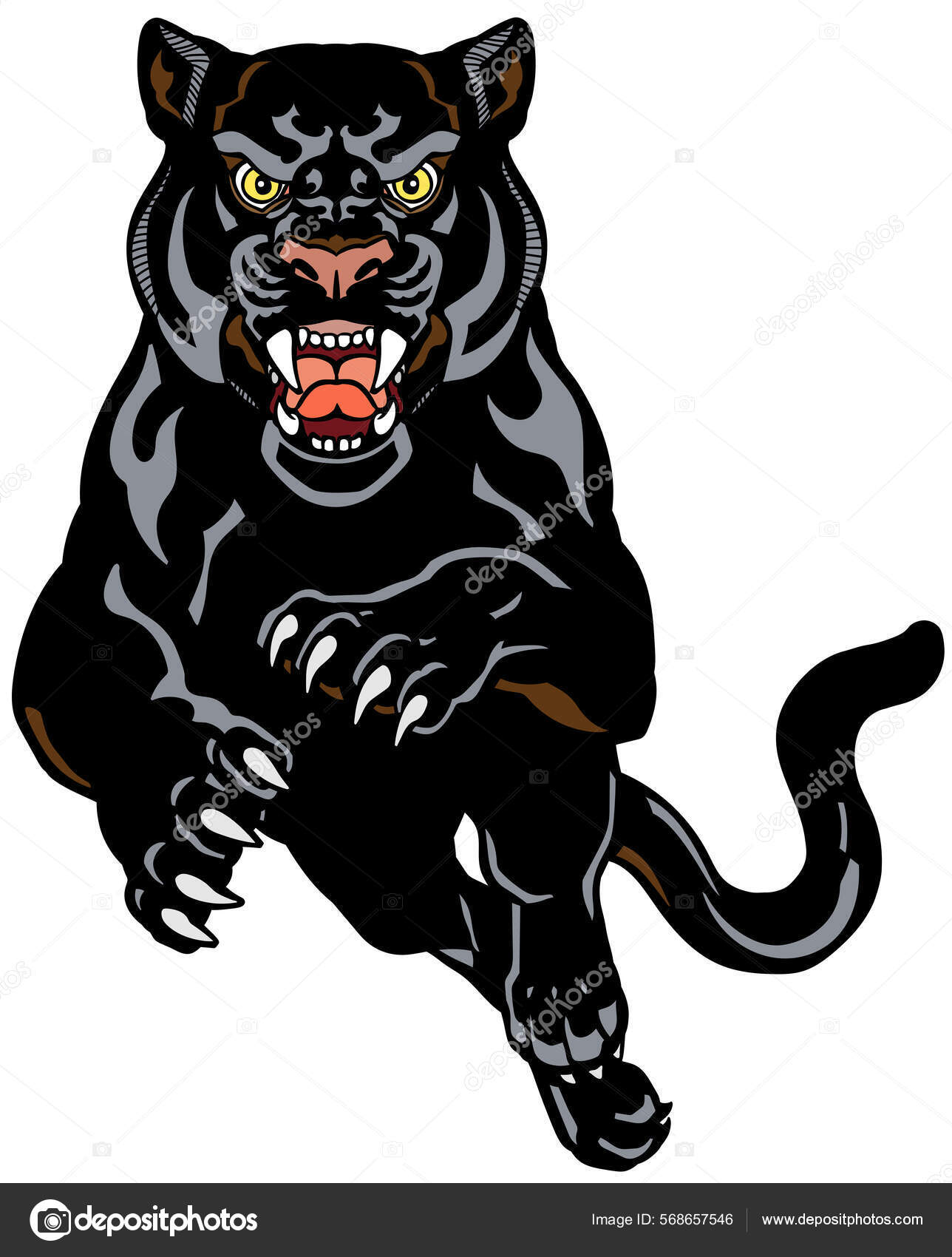 Stok Ilustrasi Panther Jump Front View Angry Roaring Black Leopard ...